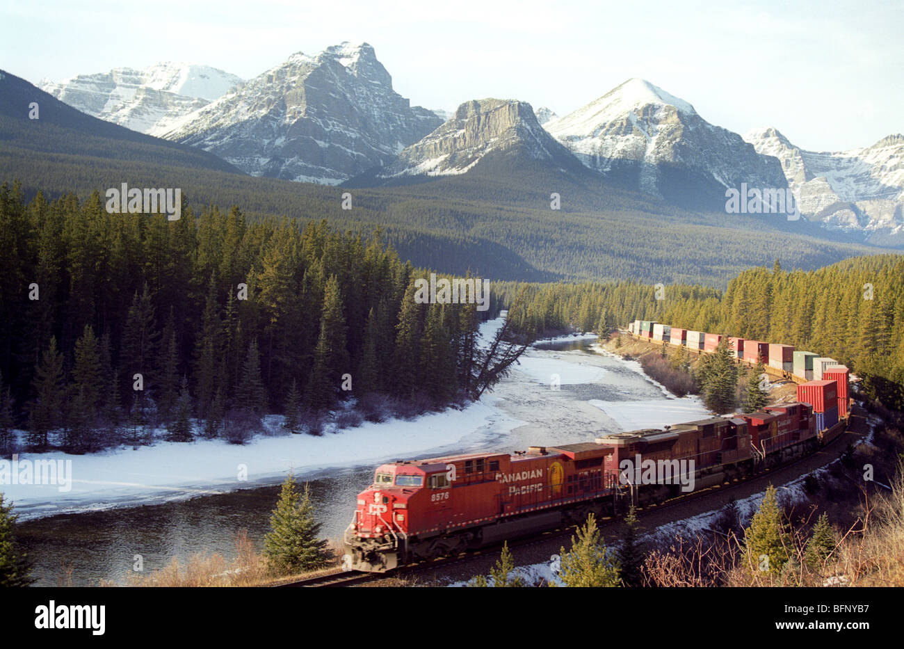 Canadian Pacific freight Train with the Athabasca river and mount Edith ...