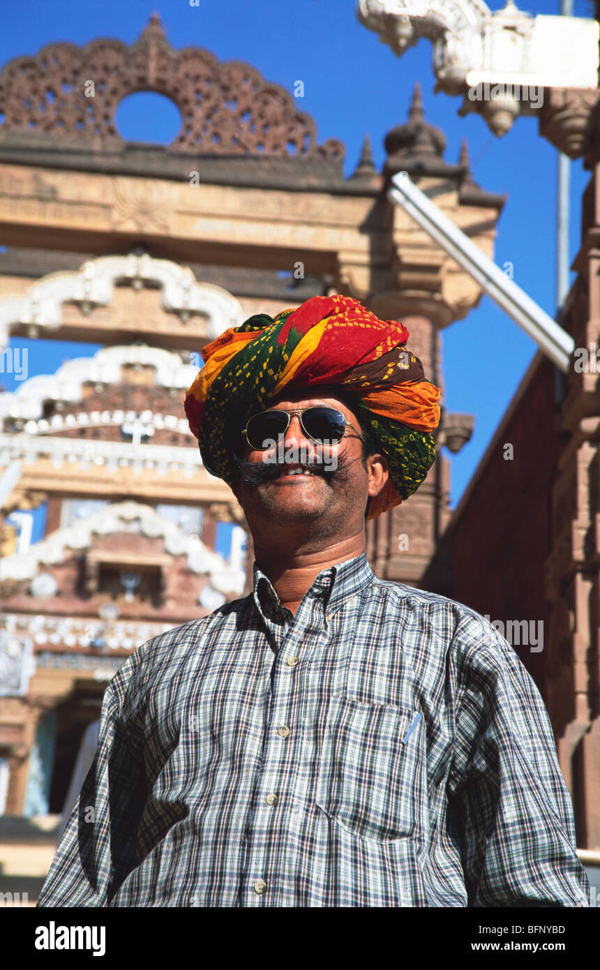 Indian Rajasthani man in colorful turban ; Sachia Mata Jain Mandir ...