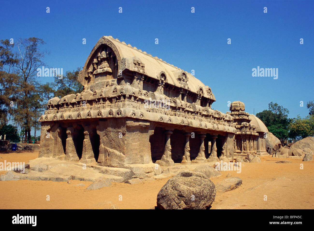 Richly carved monolithic ratha & nandi bull ; five ratha ...