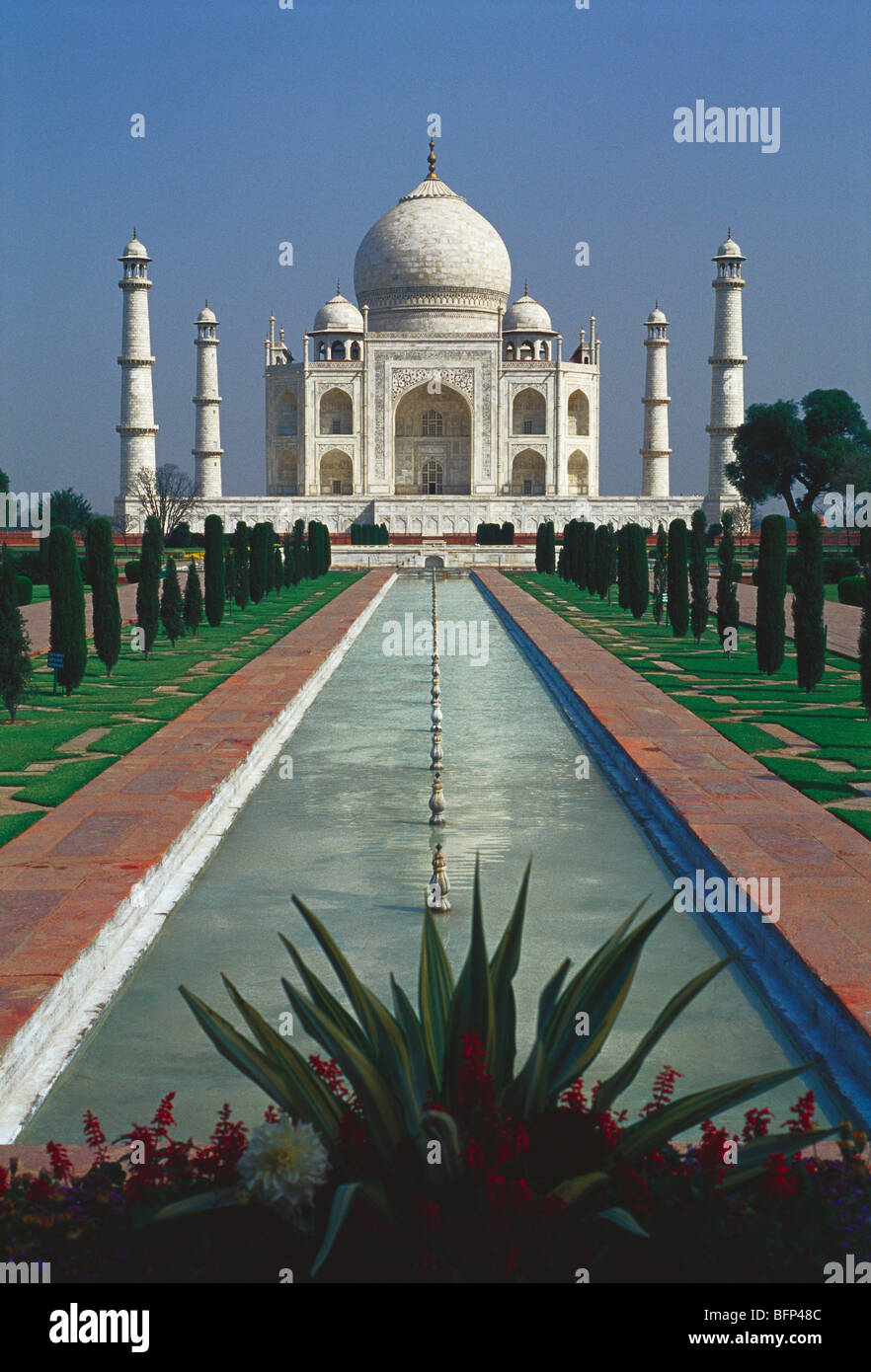 Taj Mahal with garden ; ivory white marble mausoleum ; Agra ; Uttar ...