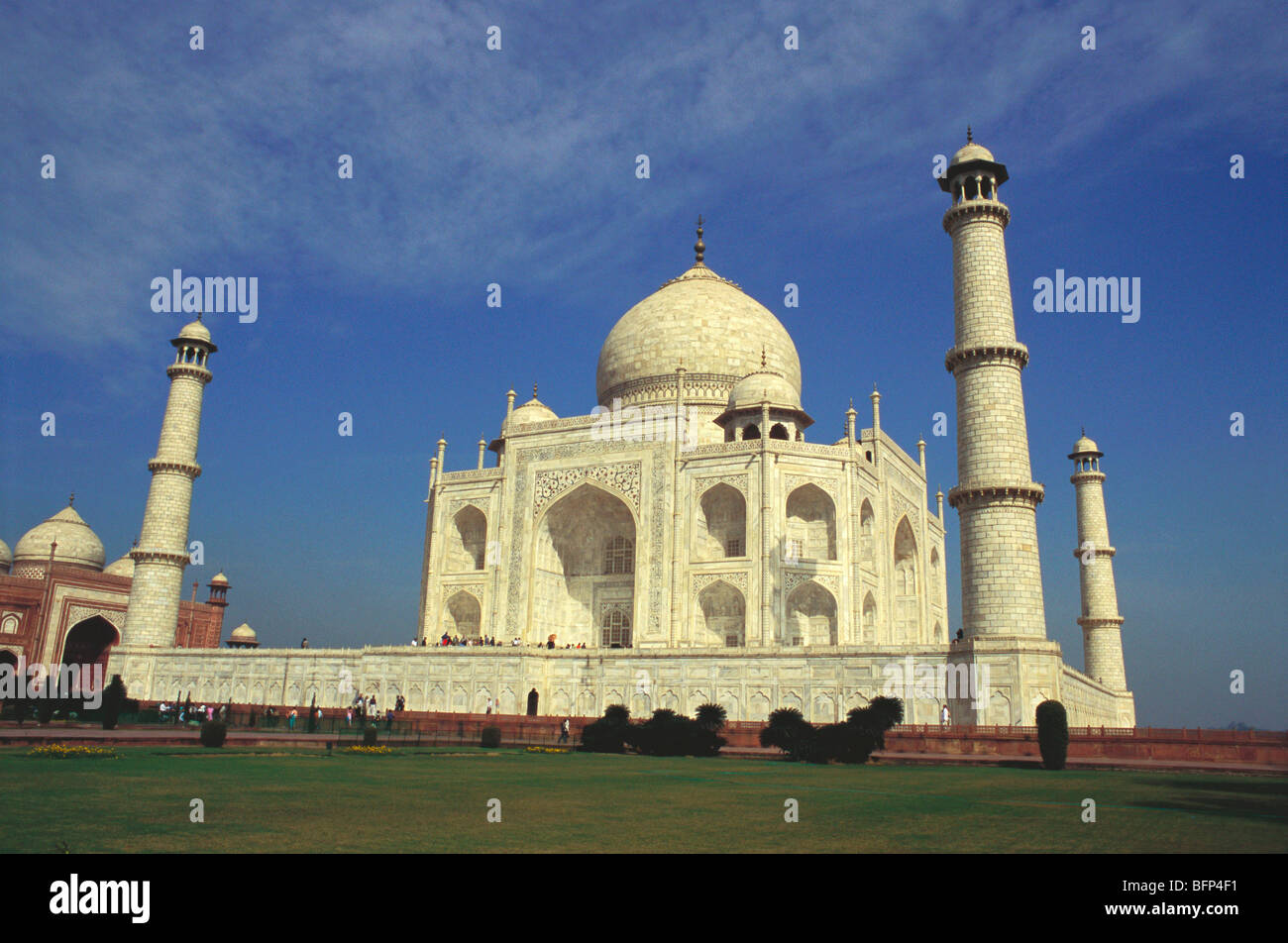 Taj Mahal with minarets ; ivory white marble mausoleum ; Agra ; Uttar ...