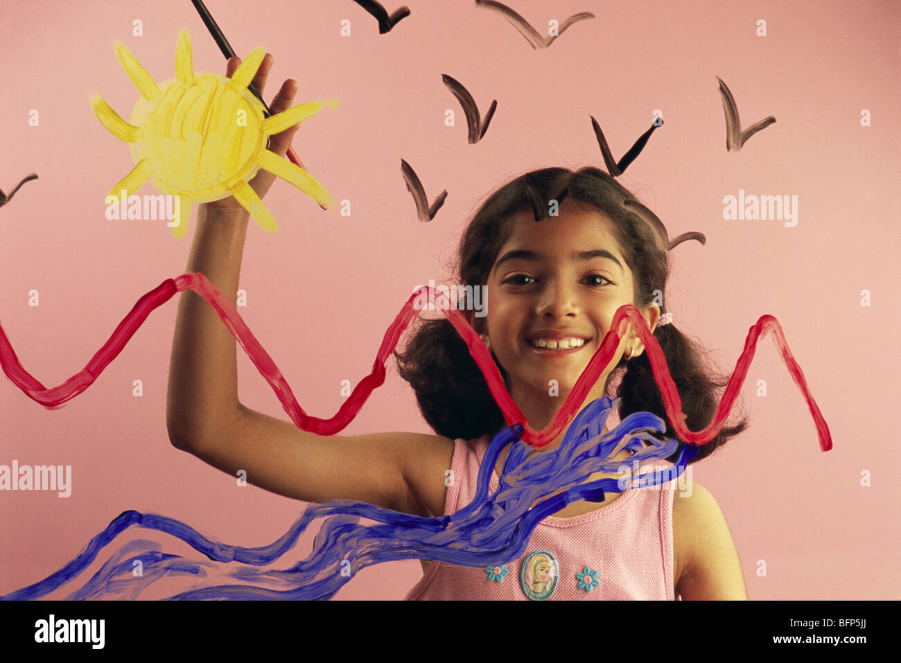 girl child painting on glass ; MR#191 Stock Photo - Alamy