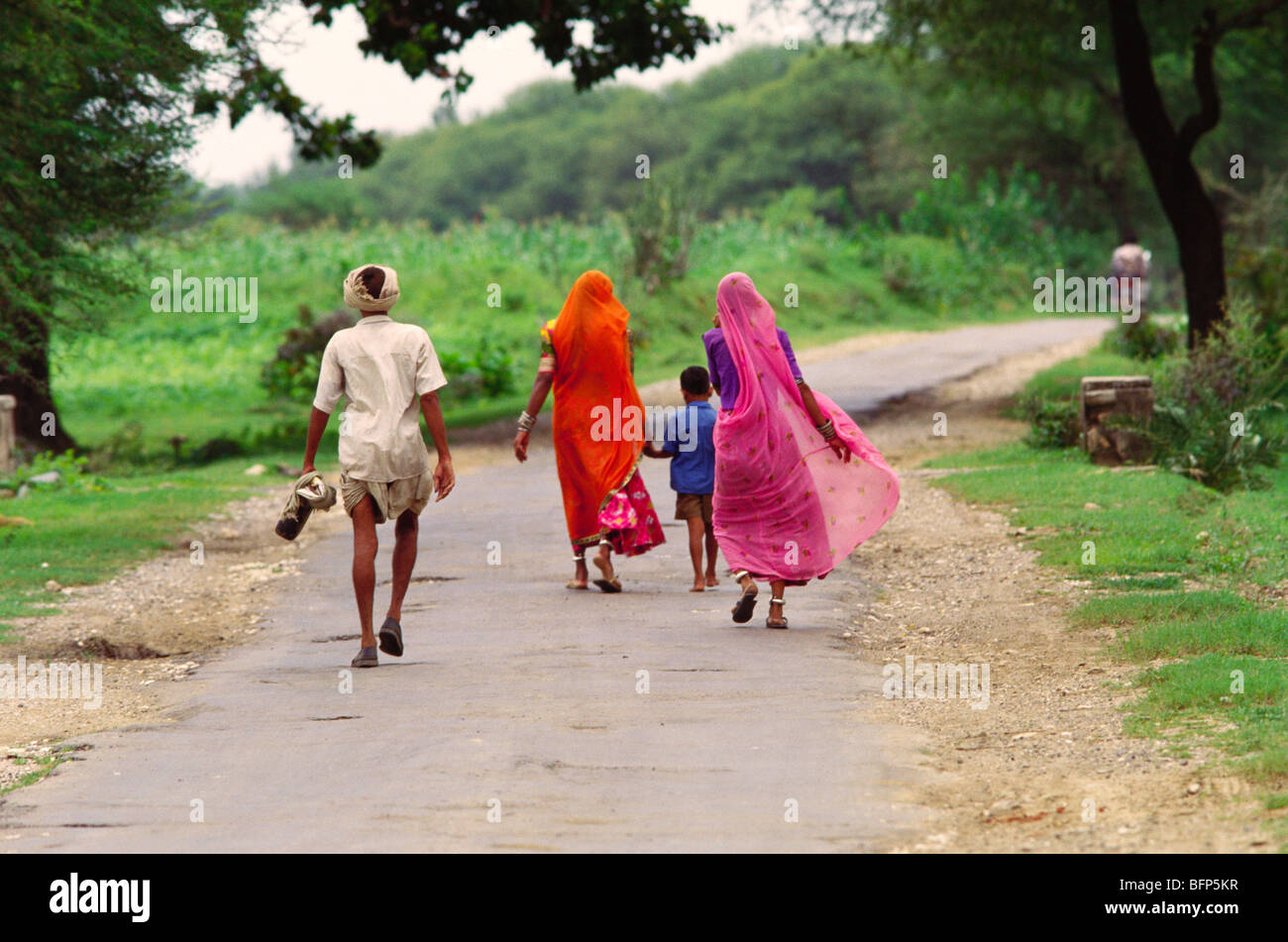 Indian rural family from rear ; village road ; Udaipur ; Rajasthan ...