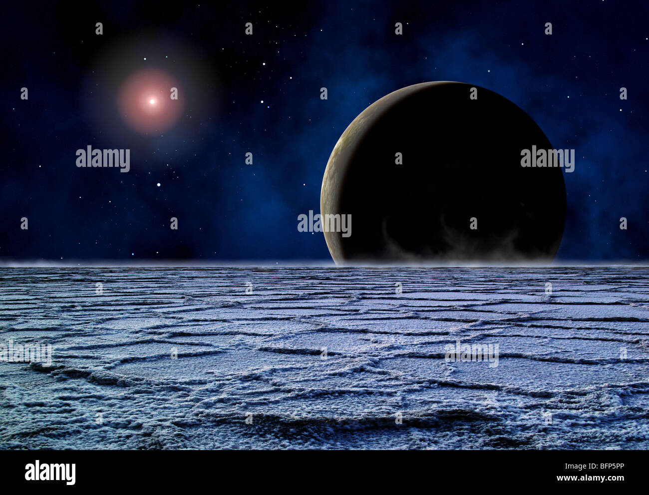A distant star illuminates an extrasolar planet on the horizon of a ...