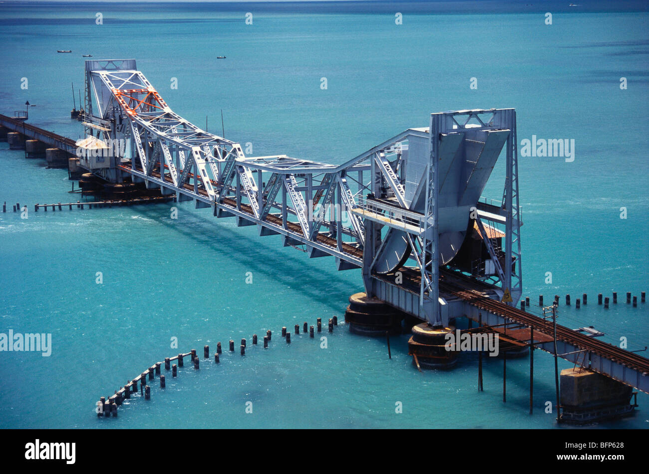 Pamban Bridge on sea ; Mandapam ; Pamban Island ; Rameswaram ...