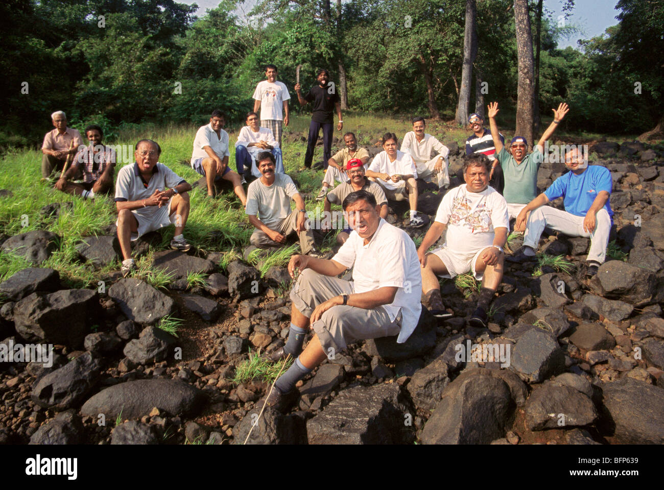 Indian group of men on picnic ; Dinodia Photographers ; Kolad outing ...