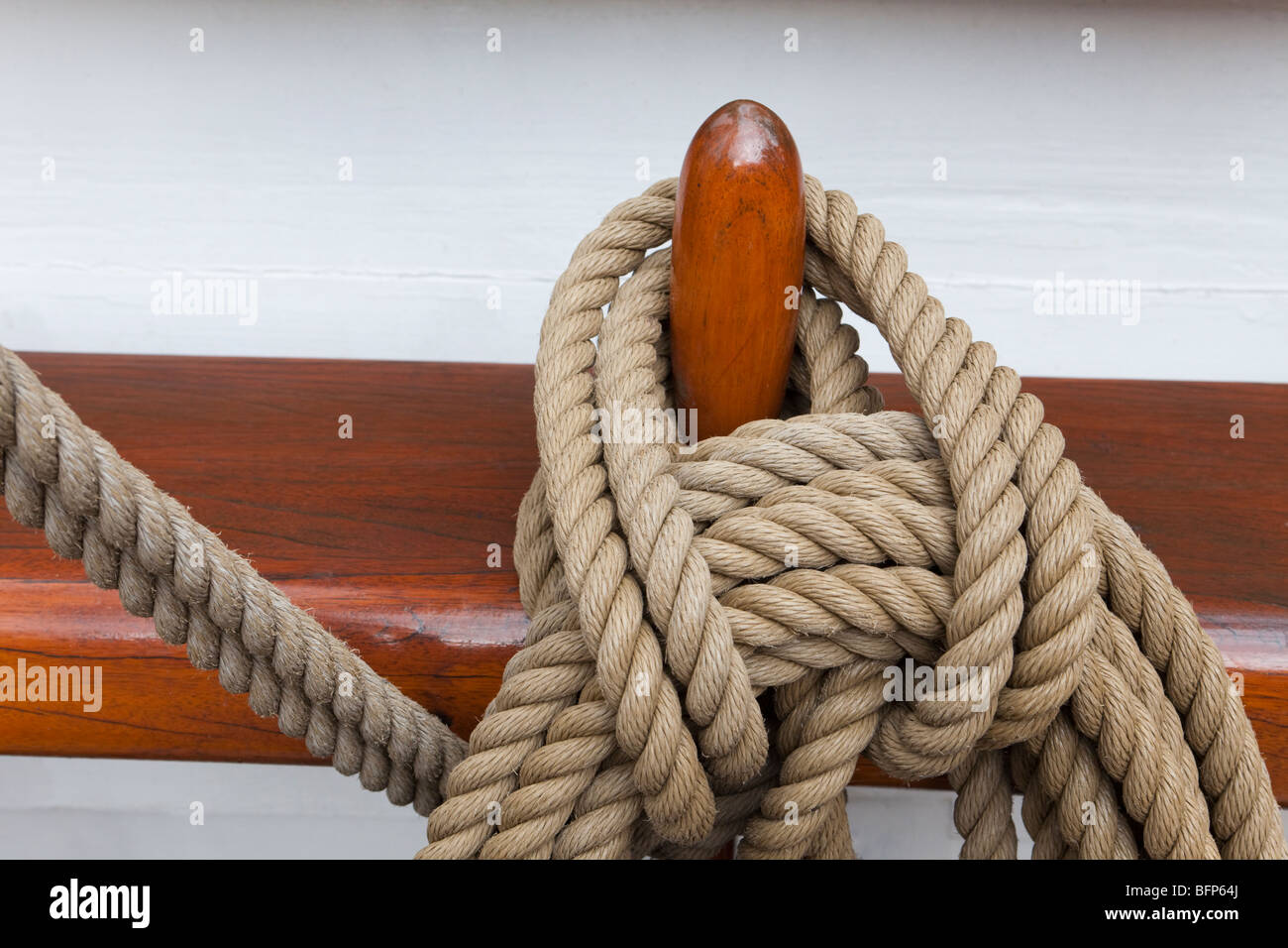Rope coiled round a belaying pin on board the RRS Discovery now docked ...