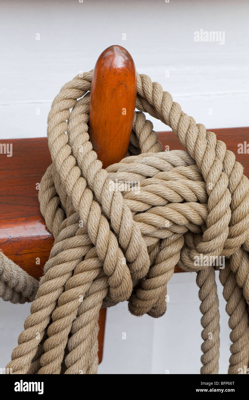 Rope coiled round a belaying pin on board the RRS Discovery now docked ...