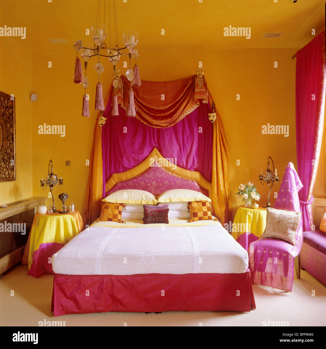 Bedroom boudoir decorated with bright colours and Alcantara silk Stock ...