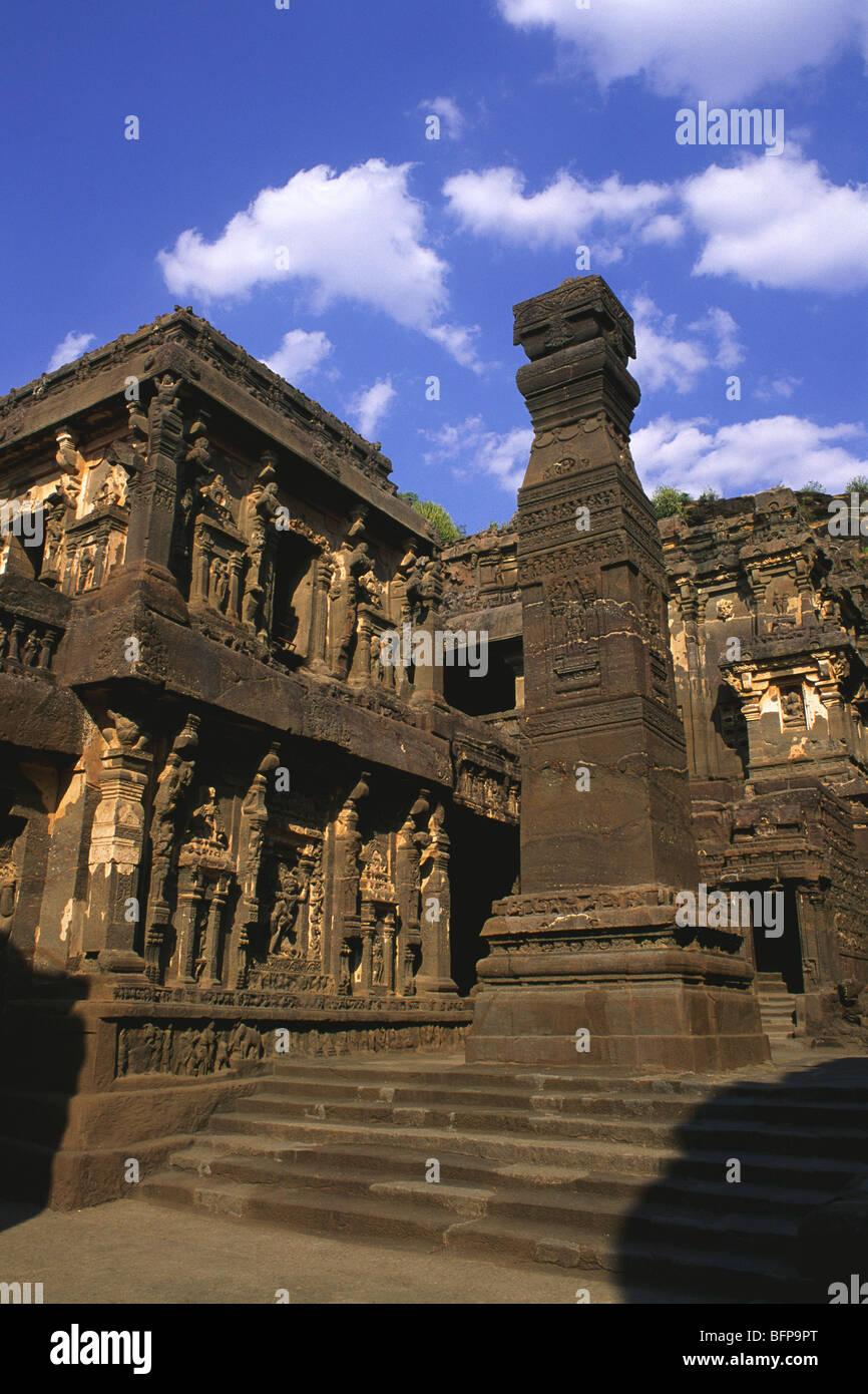 Hindu cave No16 ; Dhwajasthambha & richly carved facade of Kailash ...