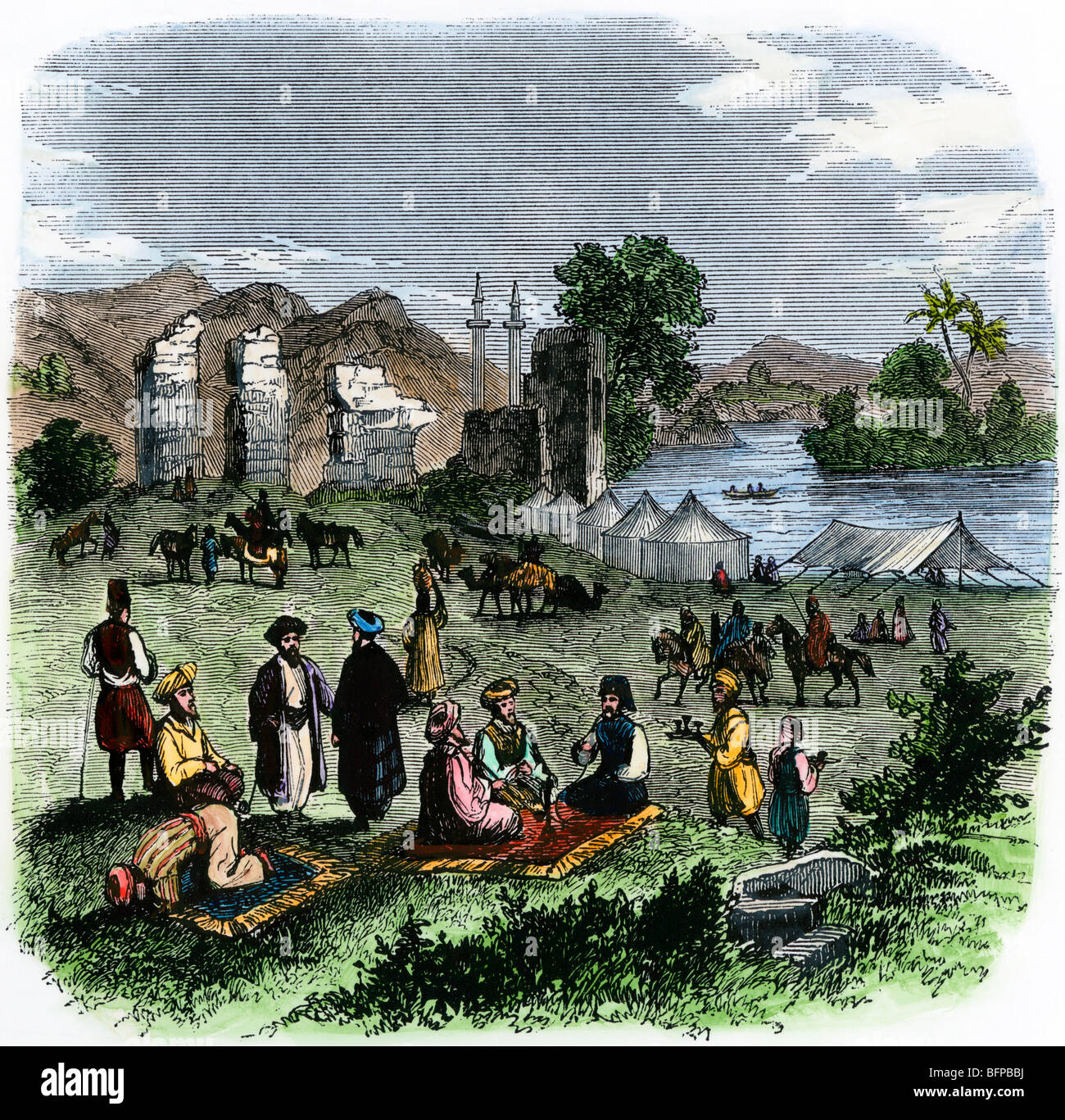 Pilgrims encamped near Antioch, 1800s. Hand-colored woodcut Stock Photo ...