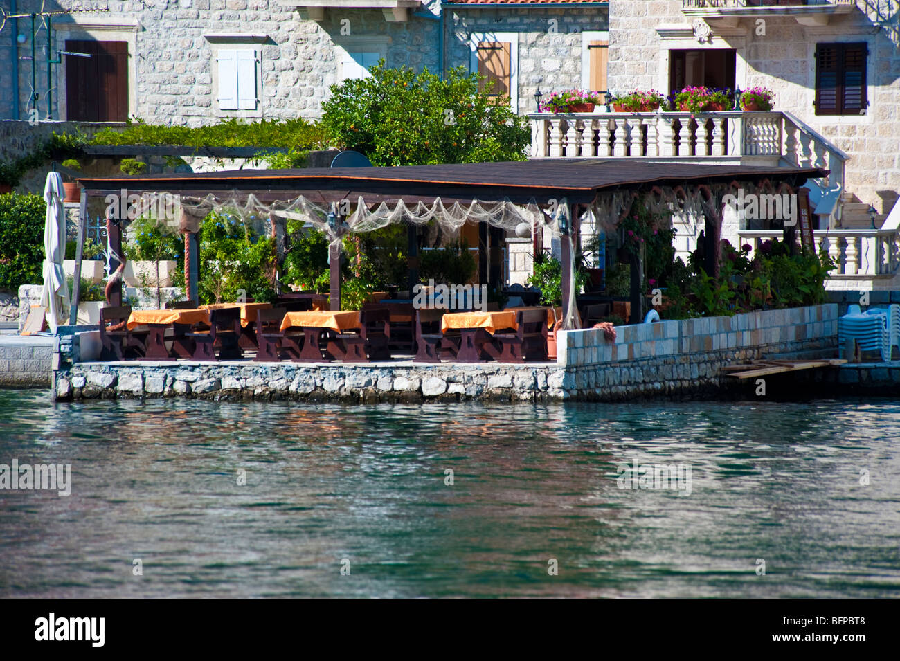 Restaurant in historic city of Perast, Risan Bay, Bay of Kotor ...