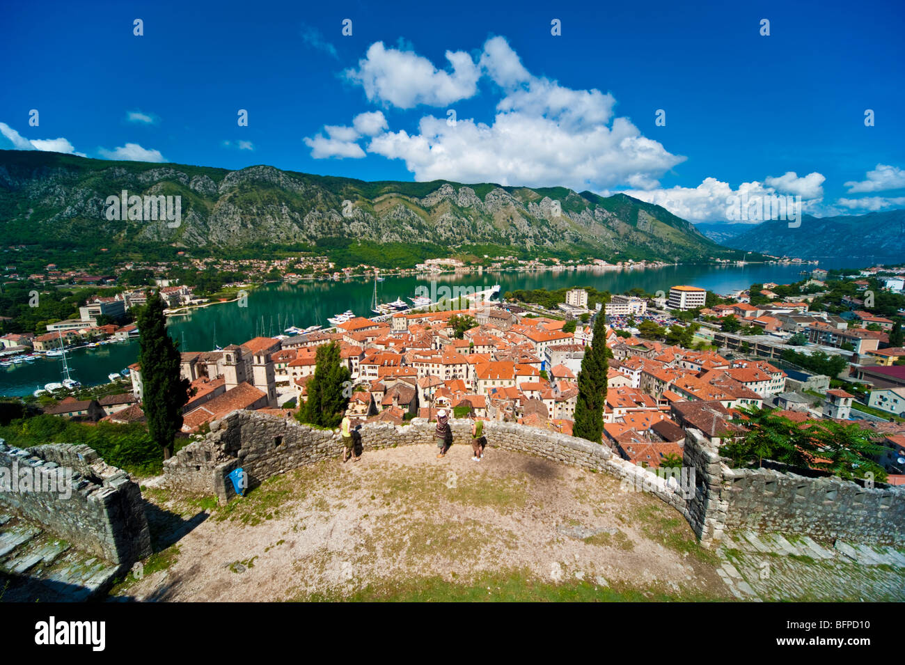 Panoramic view with roofs and facades at historic old town of Kotor ...