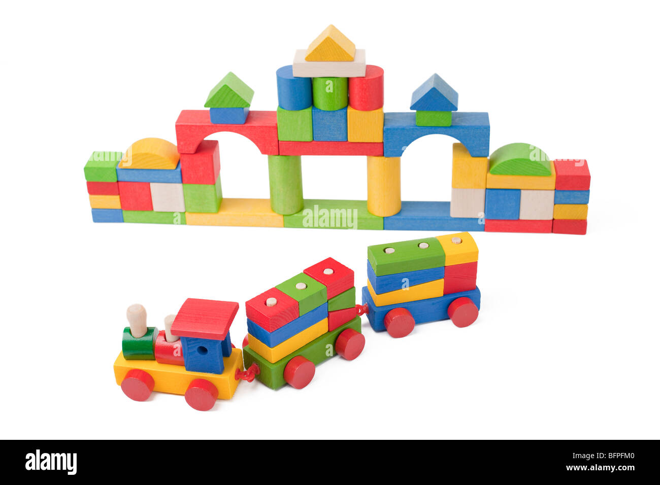 Colorful toy train and toy blocks isolated on white background Stock ...
