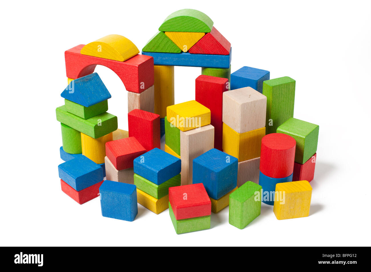 city of colorful wooden toy blocks isolated on white background Stock ...