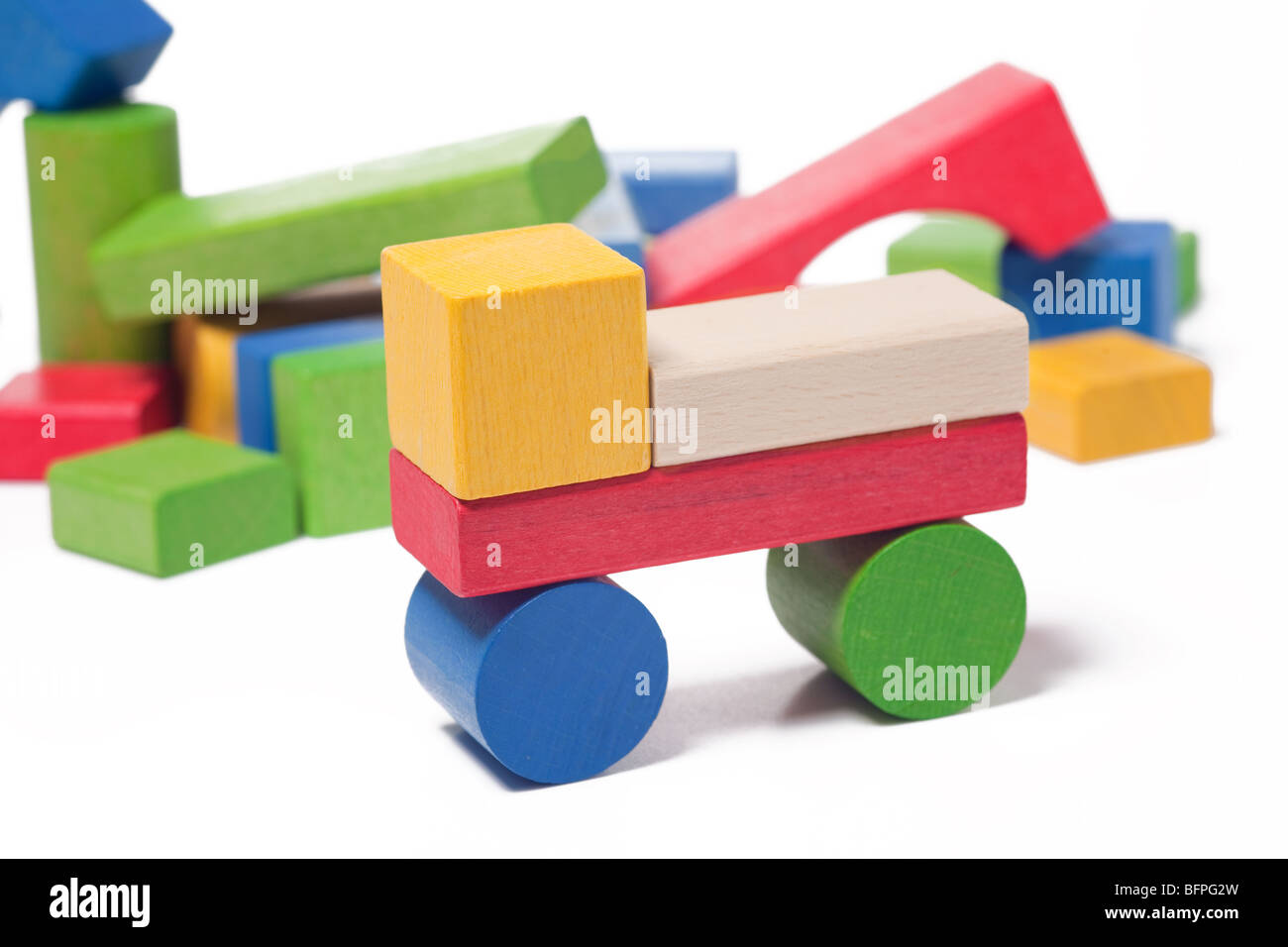 car from colorful wooden toy blocks isolated on white background Stock ...