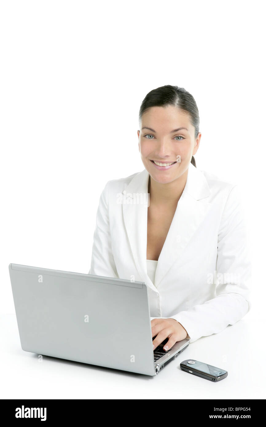Modern businesswoman with white suit and laptop computer Stock Photo ...