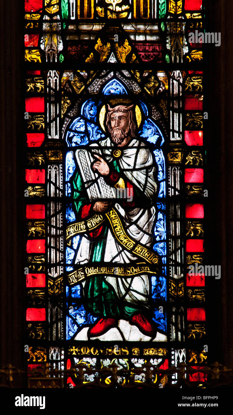 Medieval stained glass panel from East window showing Moses interior ...