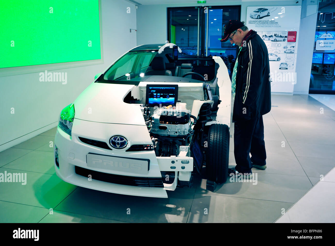 Paris, France, Man Shopping in Car Showroom, Toyota Prius, Hybrid ...