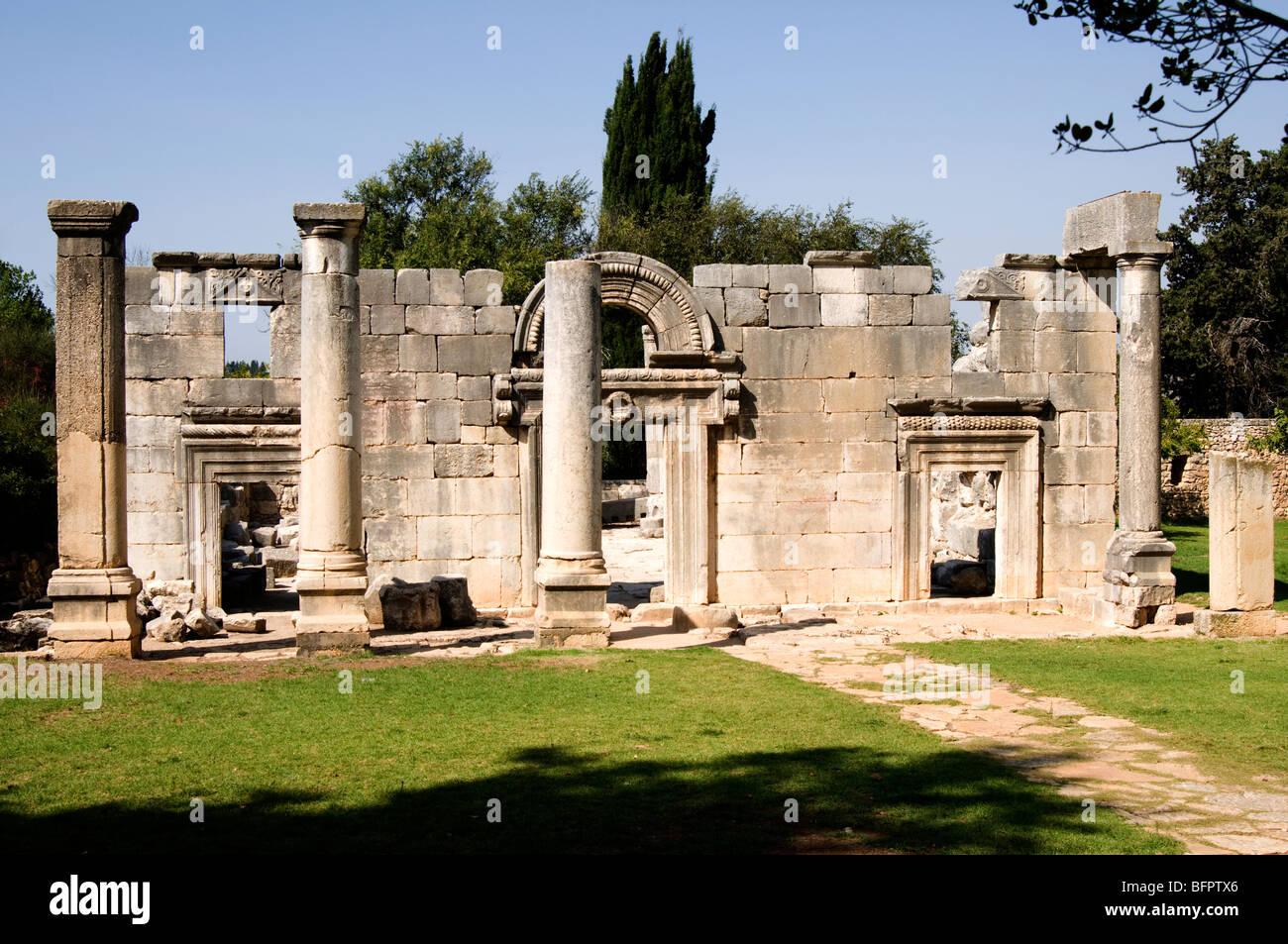 Portico and facade of early synagogue (3rd cent CE) at Baram Israel ...