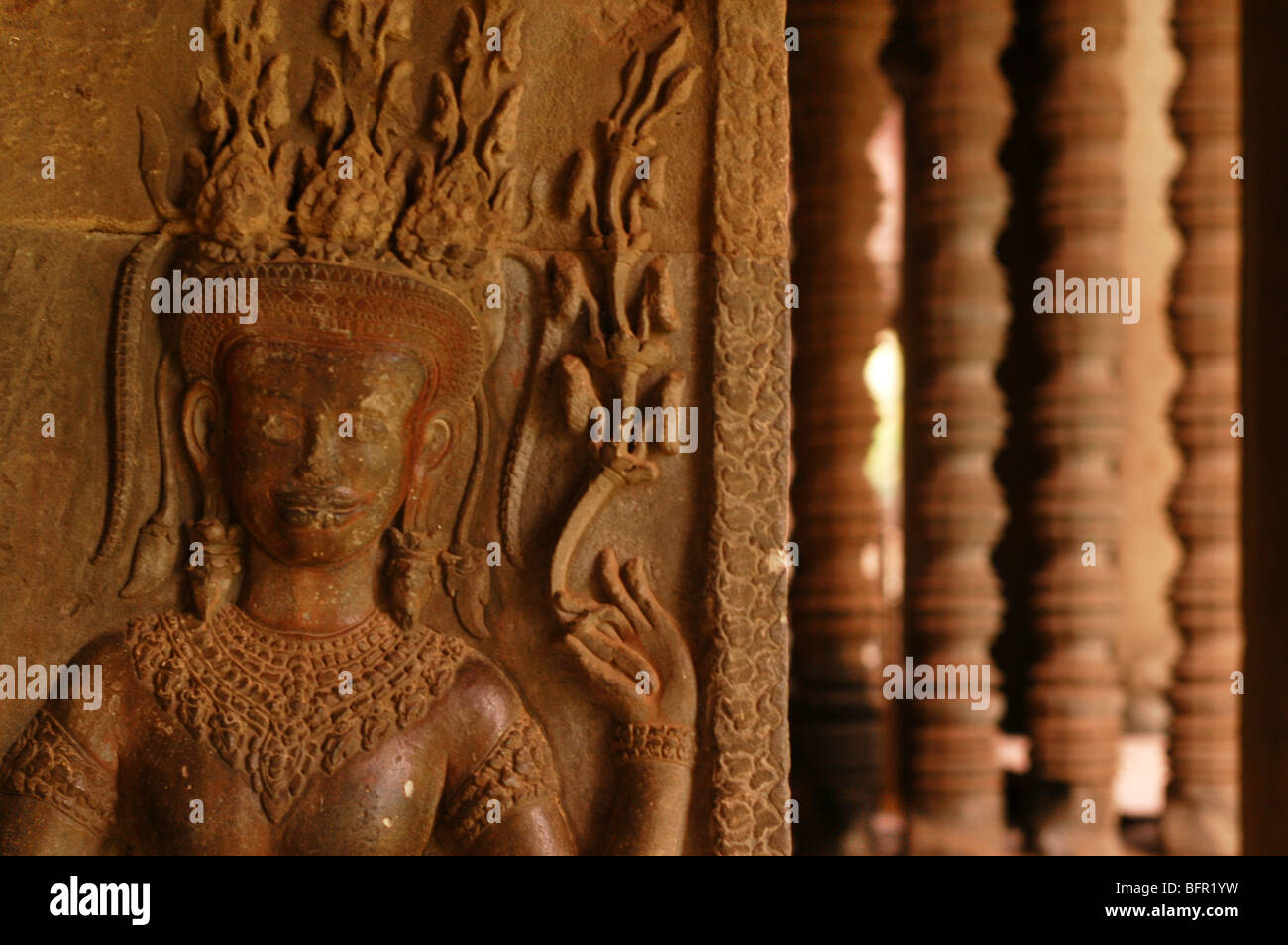 Wall carvings on a wall at Angkor Wat, the famous temple complex near ...