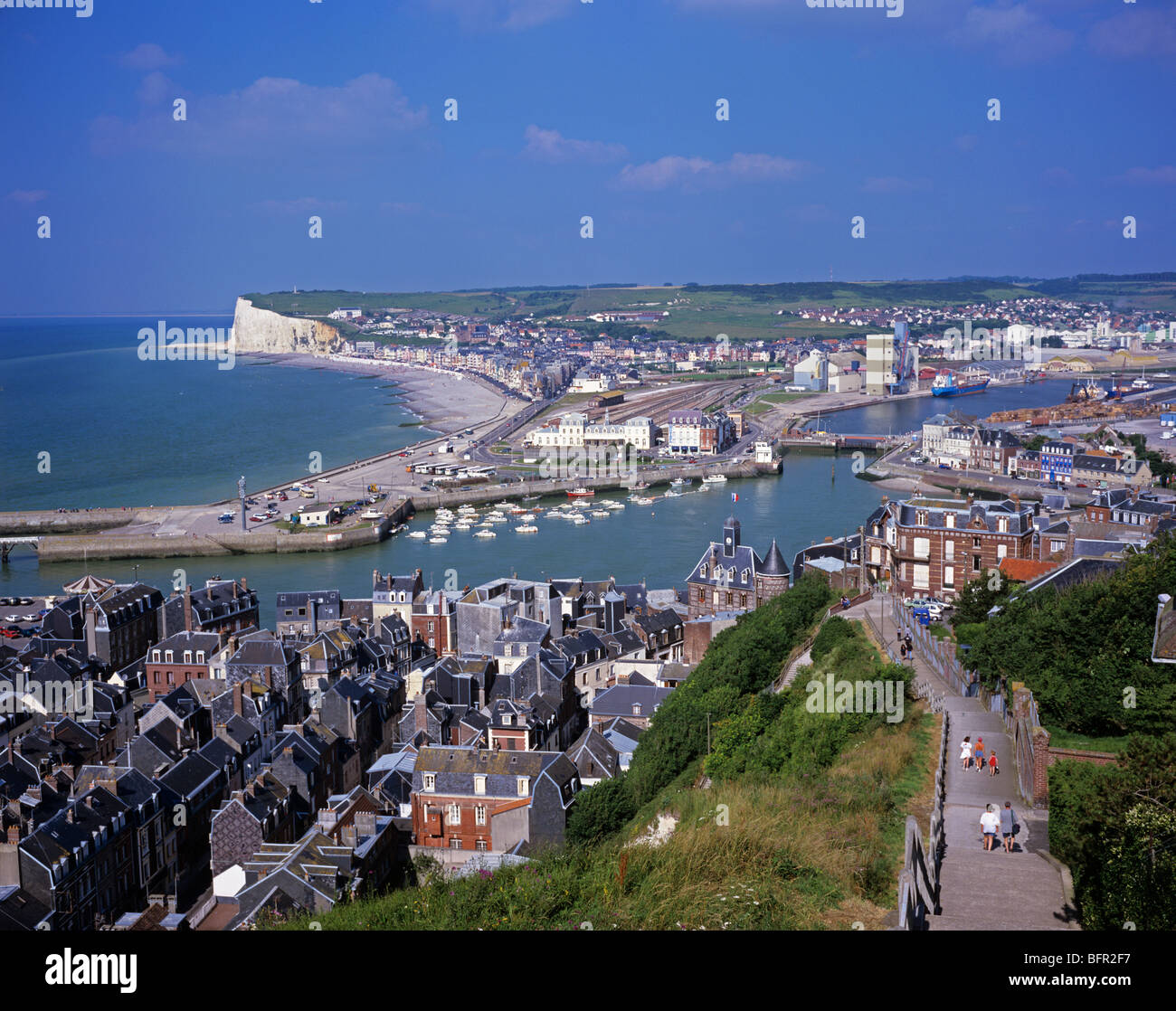 View over the town and harbour of Le Treport on the Normandy coast ...