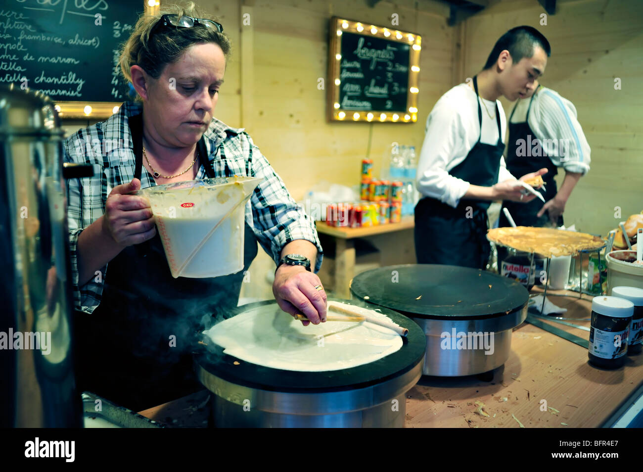 Paris, France, French People Making Crepes in Stall at Traditional ...