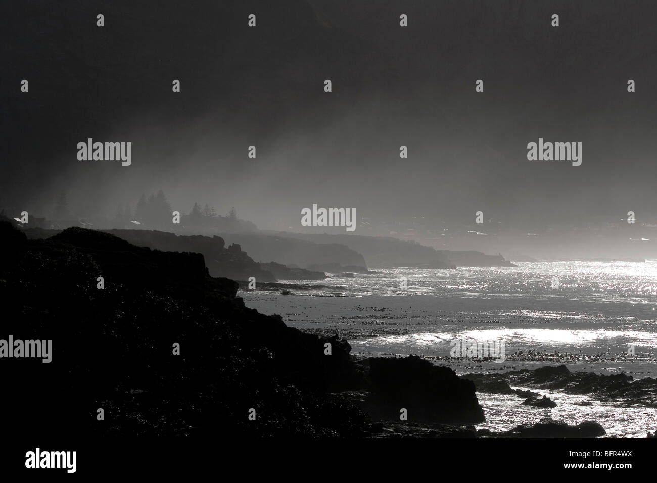 Sea mist rolls across the coast at Hermanus in the Western Cape Stock ...