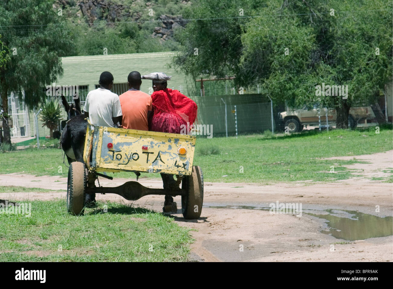 Rear view of three people travelling in a donkey cart Stock Photo - Alamy