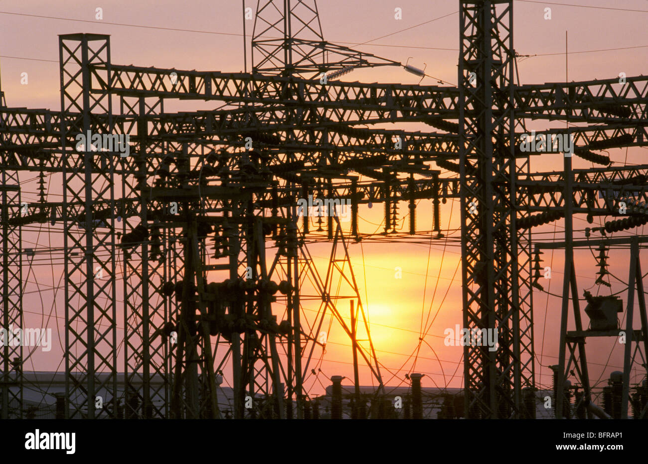 Sunrise over the main Gaborone power pylons Stock Photo - Alamy