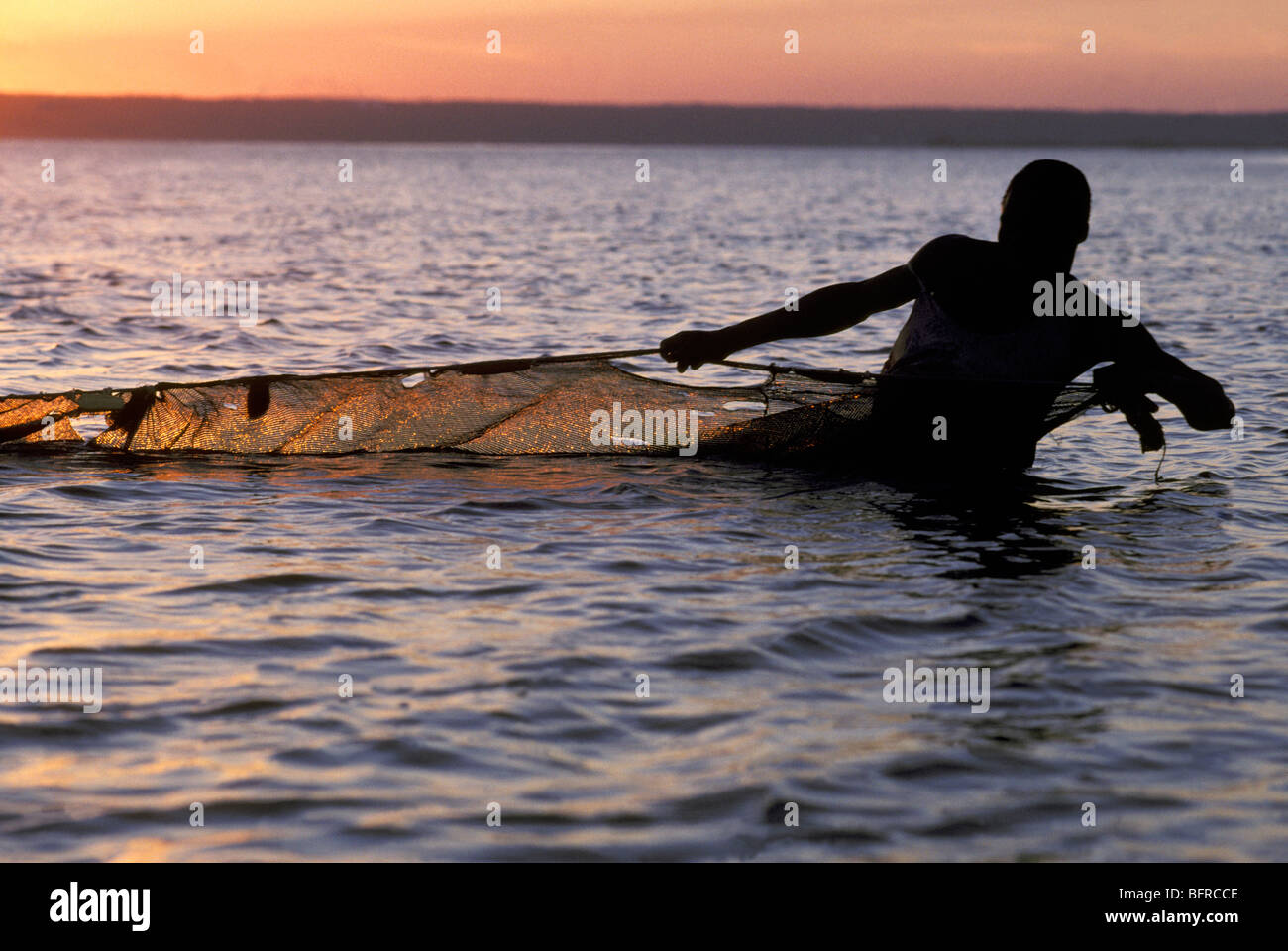 Silhouetted fisherman pulling in net at dusk Stock Photo - Alamy