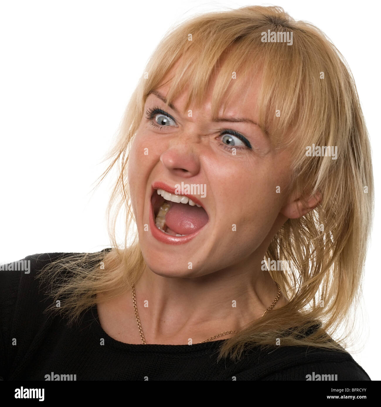 close-up portrait of screaming woman on white background Stock Photo ...