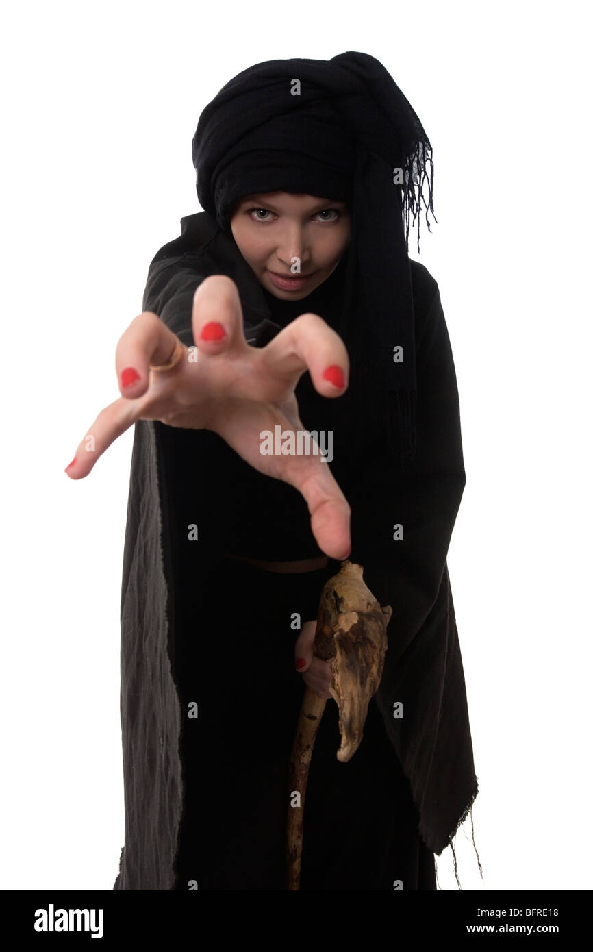 woman whispers black art's spell isolated on white Stock Photo - Alamy