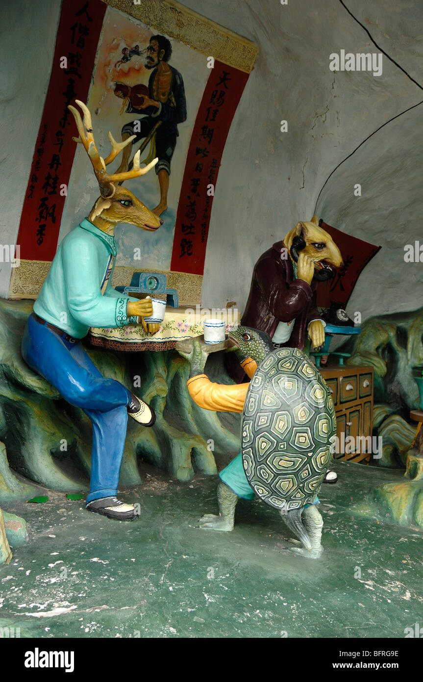 Deer and Tortoise Drinking Tea at Table & Goat on Phone or Telephone ...