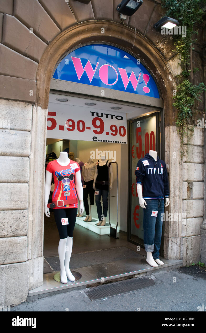 Store selling clothes at Via del Corso. Advertising big offers Stock ...