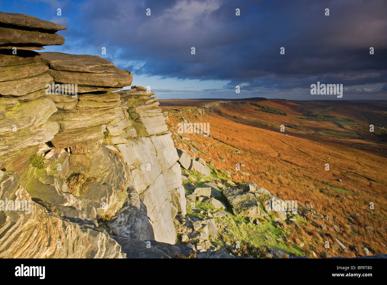 View along Stanage Edge, the rock face is a haven for rock climbers ...