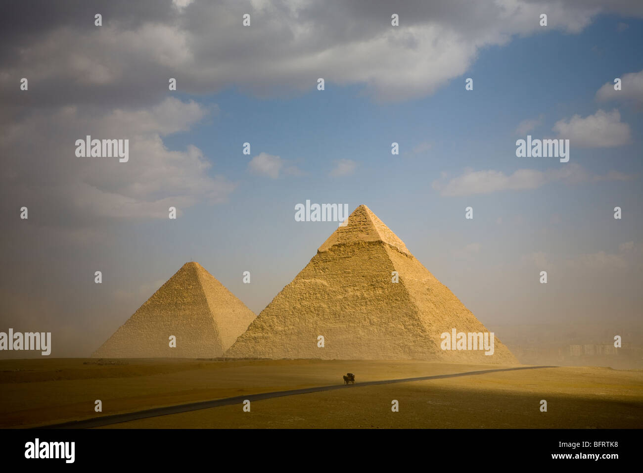 Panorama of the Great Pyramids of Giza in a dust storm taken from view ...