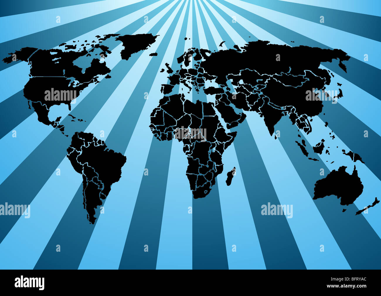 Black world map on background of blue beams. All country borders shown ...