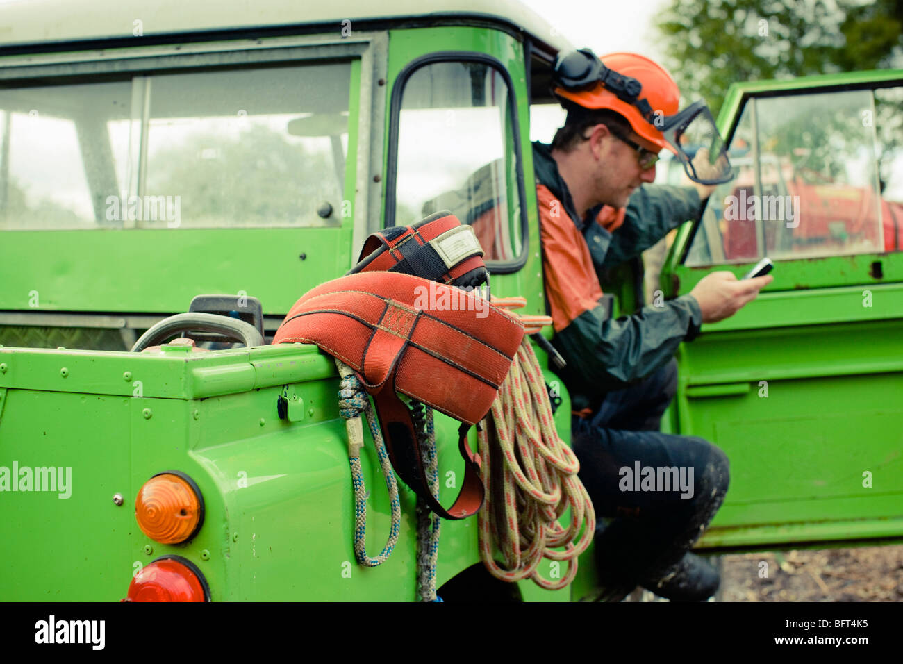 Tree Surgeon Using Cell Phone Stock Photo - Alamy