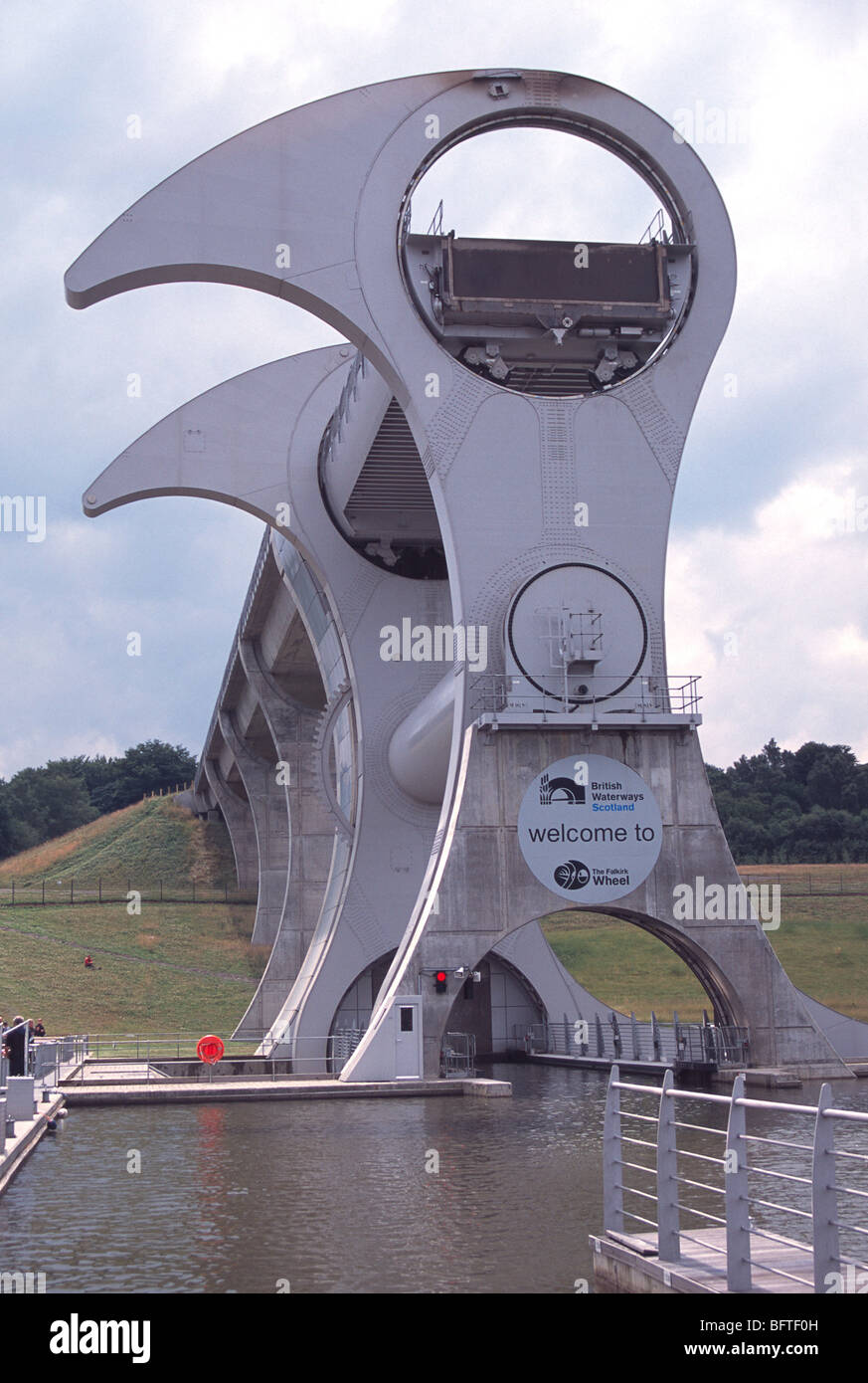 Falkirk Wheel a rotating boat lift joining Forth and Clyde canal with ...