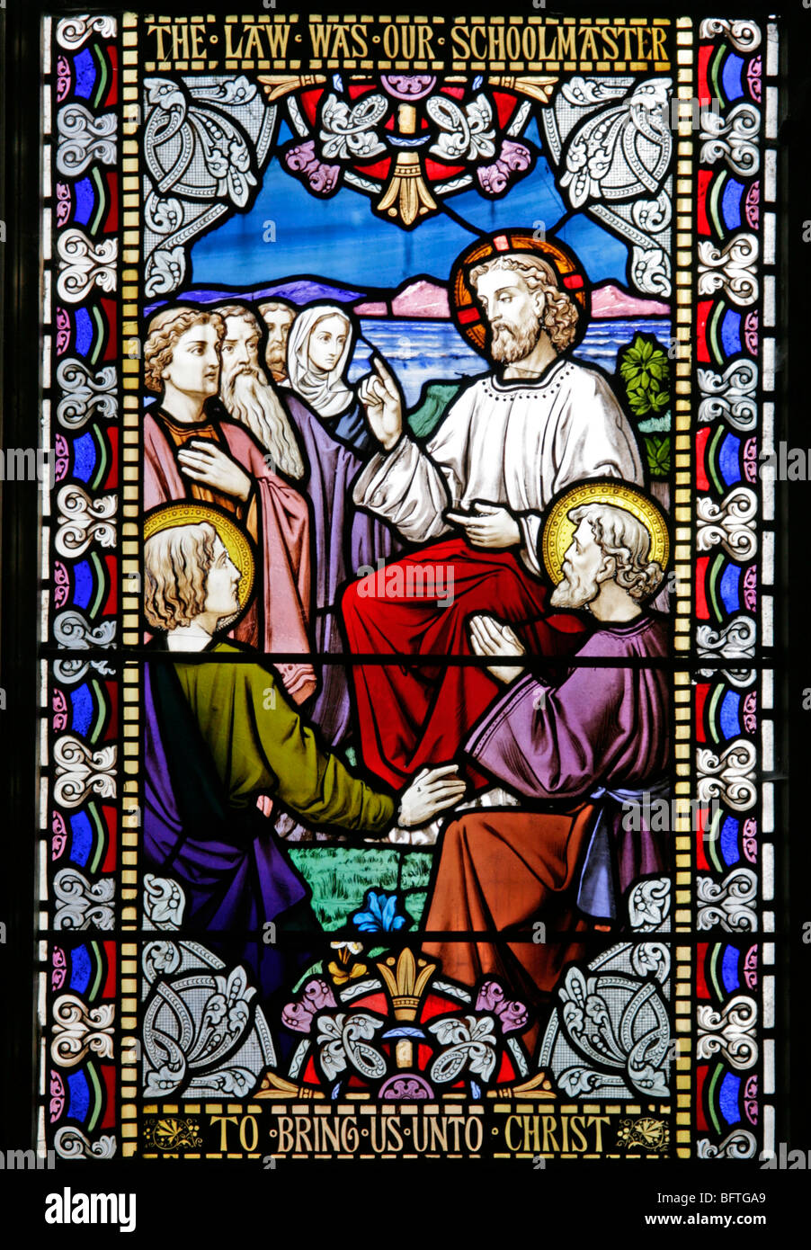 Detail of a stained glass window depicting Jesus preaching, Wilton ...