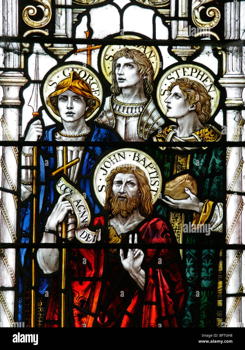 Detail of a stained glass window depicting Saints George, Alban ...