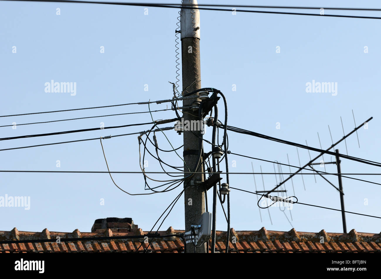 Power pole and telephone cables on E68 Road Arad Romania Eastern Europe ...