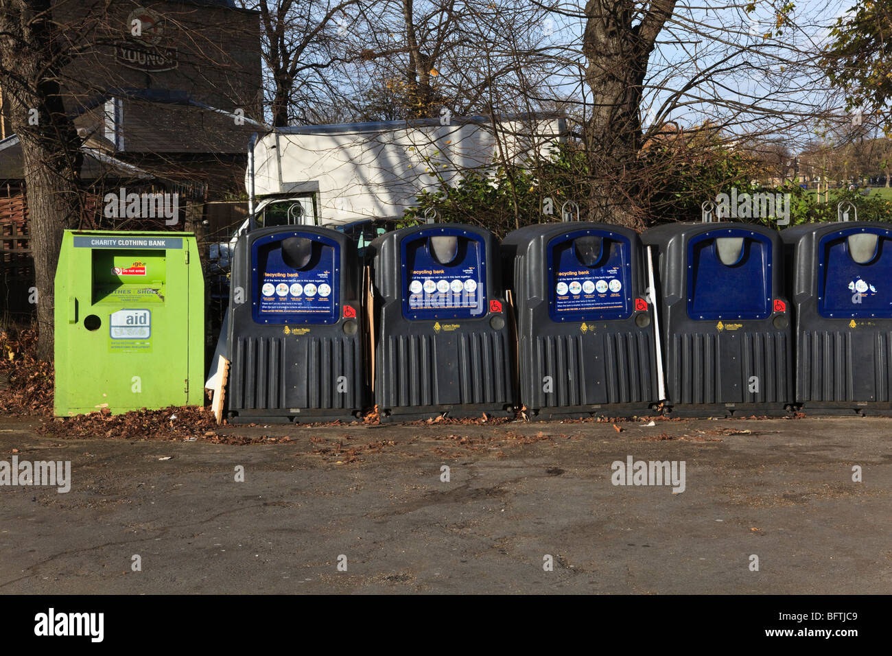 Recycling bins in a row on Windmill Drive, Clapham Common, London, Uk ...