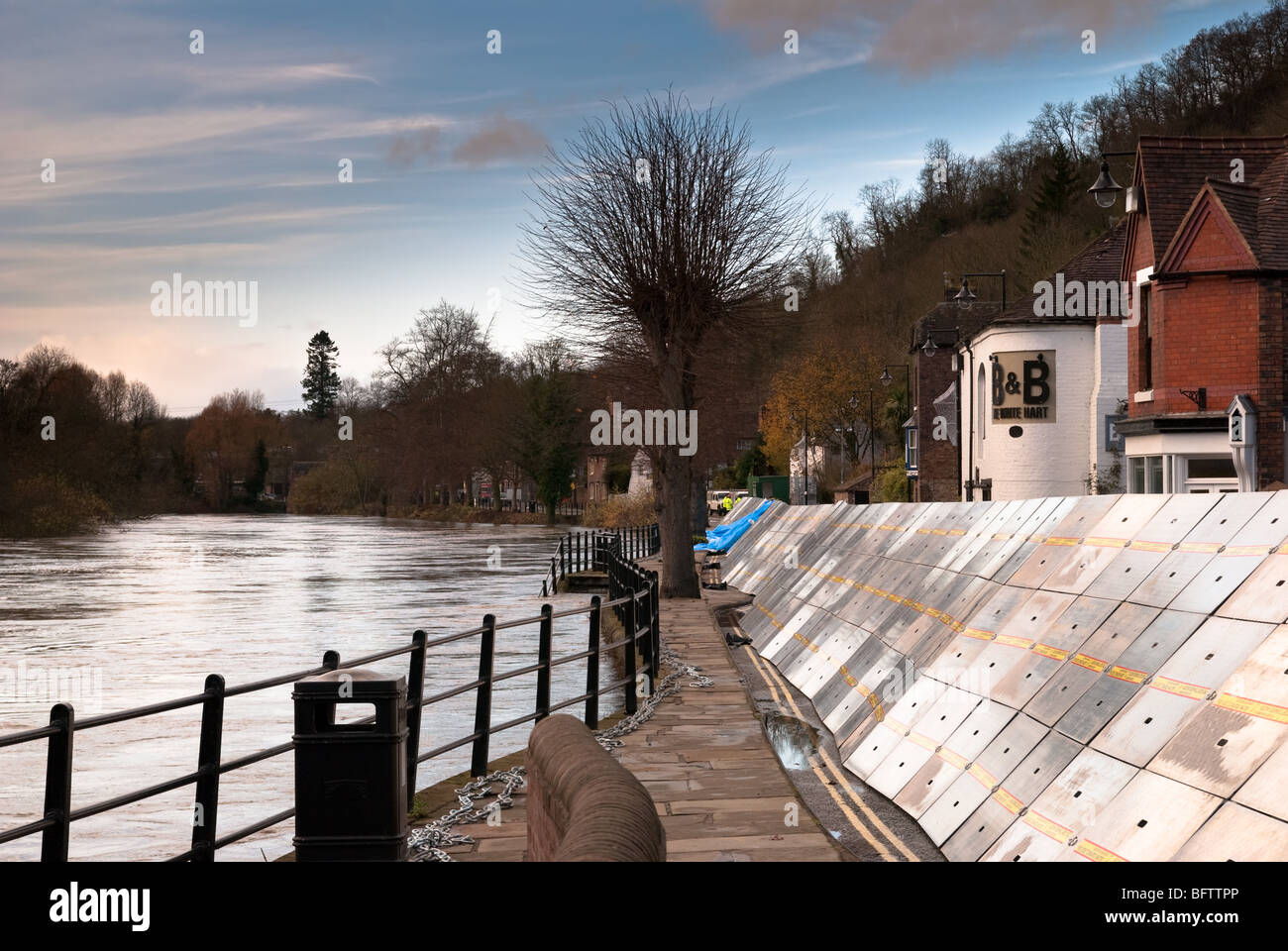Temporary flood prevention barriers along the river Severn Stock Photo ...