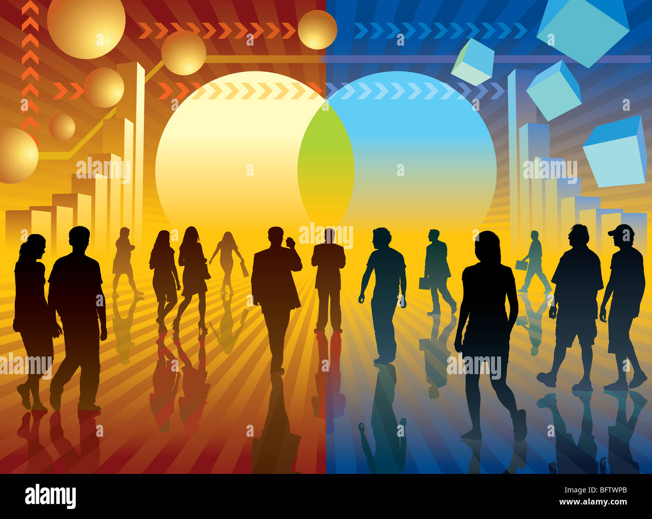 People are going to the changing sign, conceptual business illustration ...