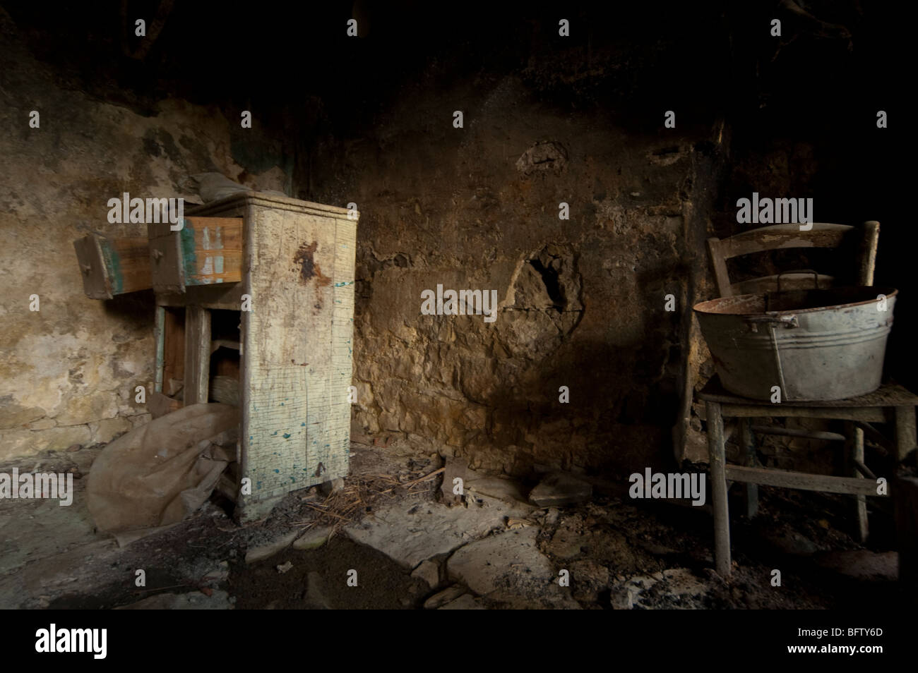 Primitive kitchen in an abandoned stone house in Croatia Stock Photo ...