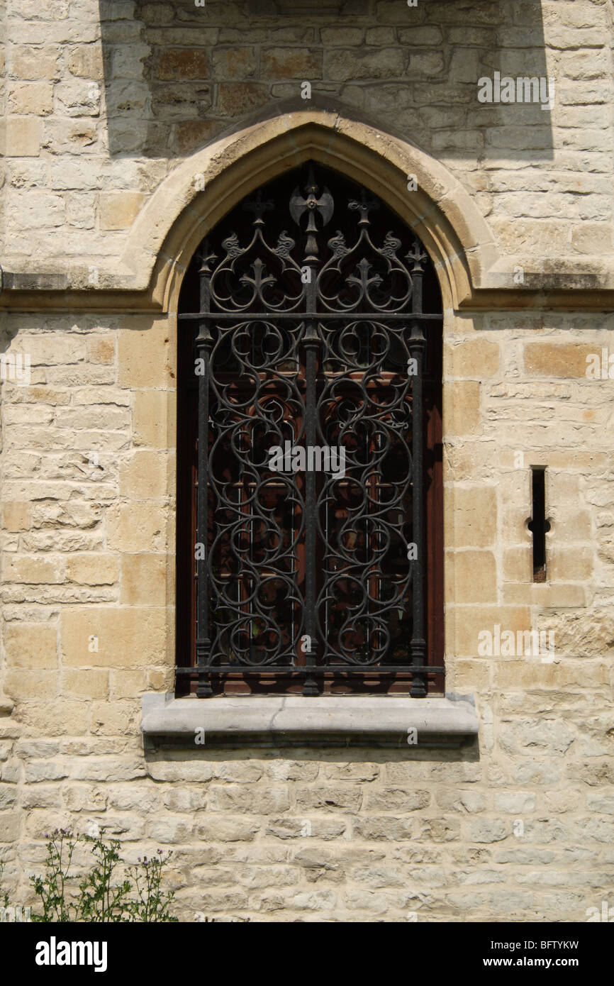 Old arched window on Bouchout Castle at the National Botanic Garden of ...