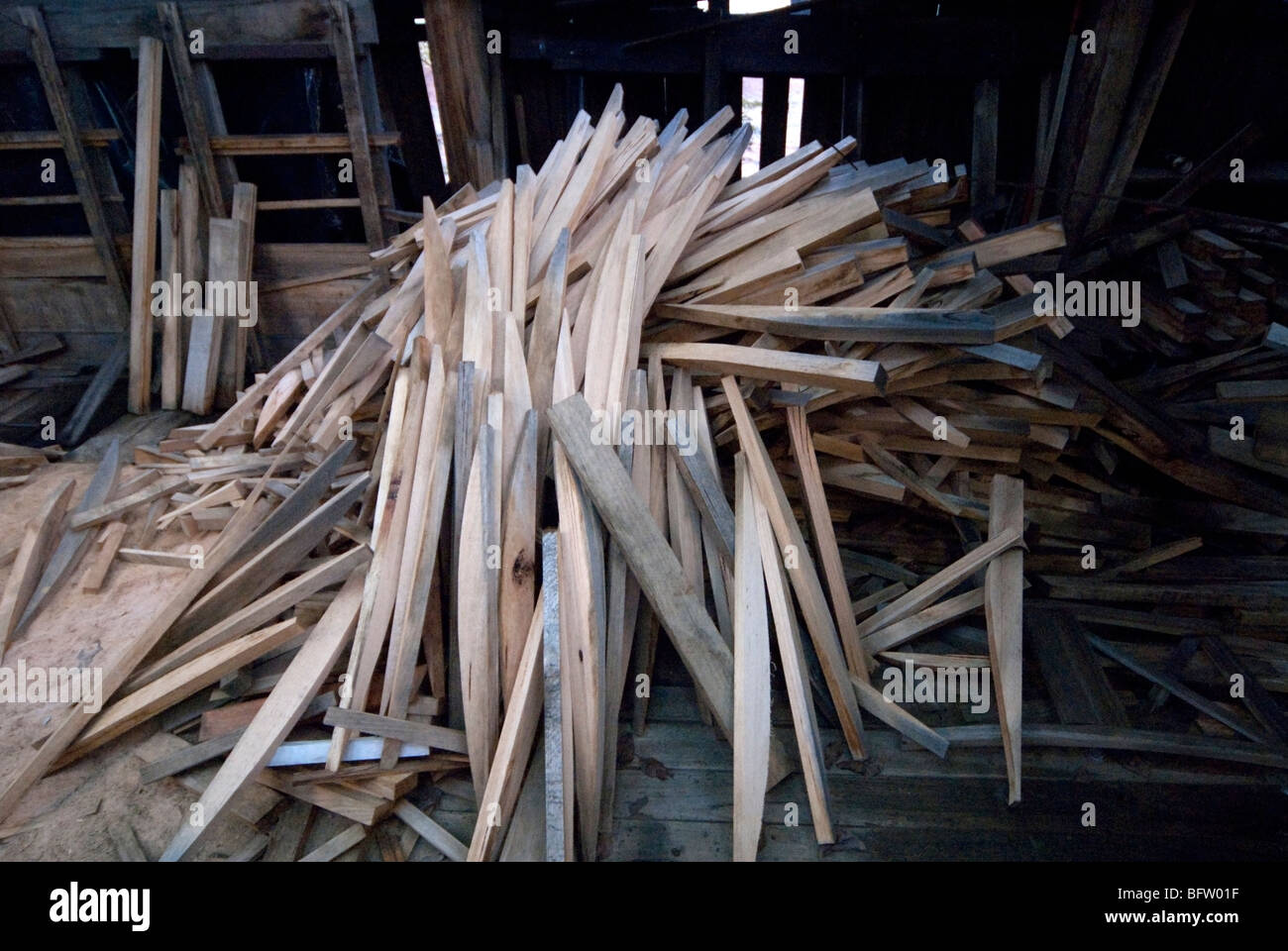 Wooden offcuts at an abandoned sawmill in near Melbourne, Australia ...