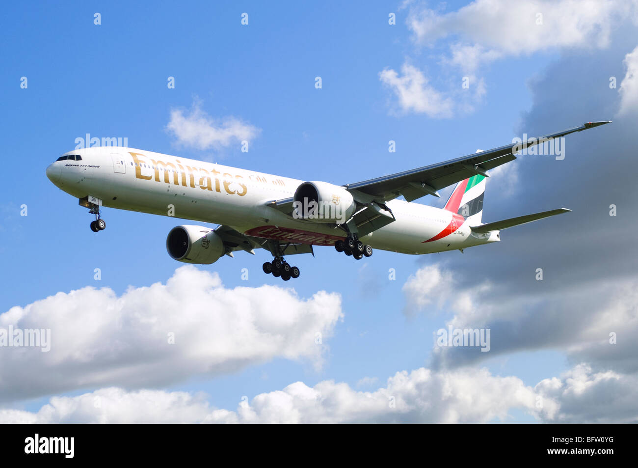 Boeing 777 operated by Emirates on approach for landing at Birmingham ...